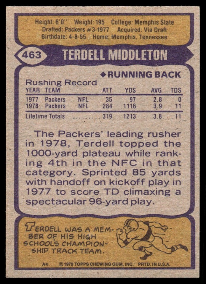 1979 Topps Terdell Middleton Rookie Green Bay Packers #463 | eBay