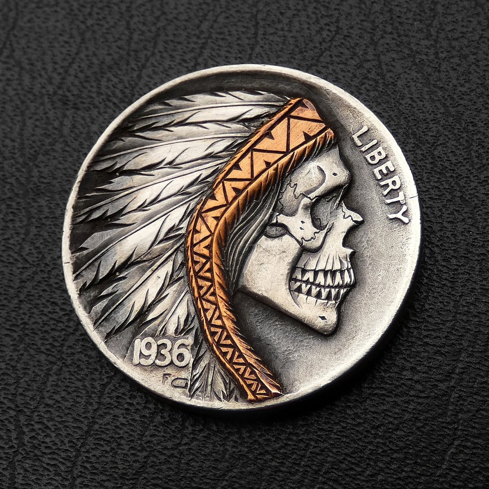hobo nickel "Feathers of the Fallen" Native American Skull hand carved ...