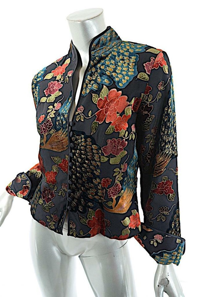 JS Collections Black Multi Rayon Silk Cutout Velvet Peacock Floral ...