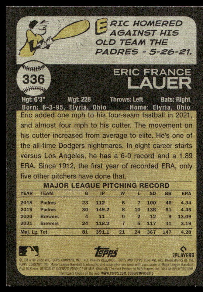 2022 Topps Heritage #336 Eric Lauer Milwaukee Brewers | eBay