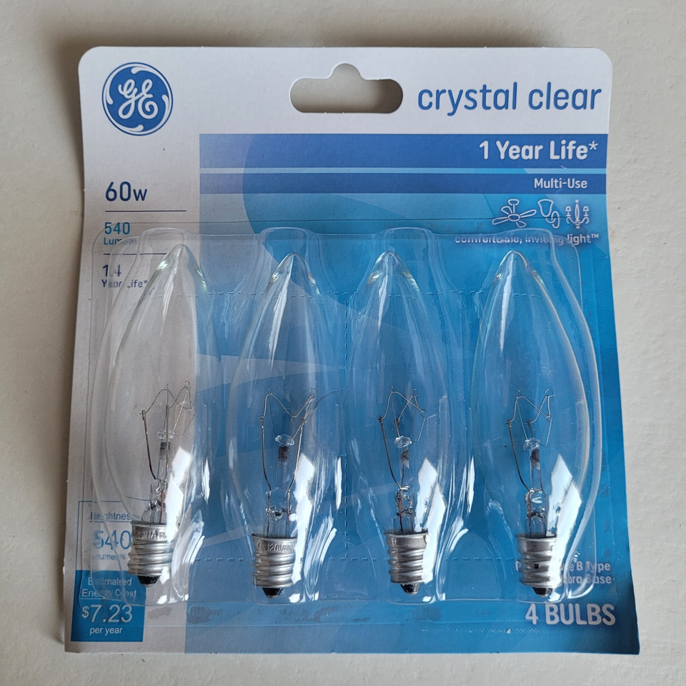 4 GE 60w Decorative B Multi Use Candelabra Base Bulbs Crystal Clear 4PK ...