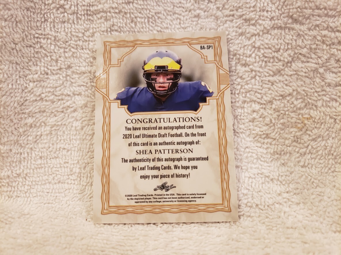 RARE Shea Patterson 2020 Leaf Ultimate Draft RC AUTO'D of 50 Michigan ...