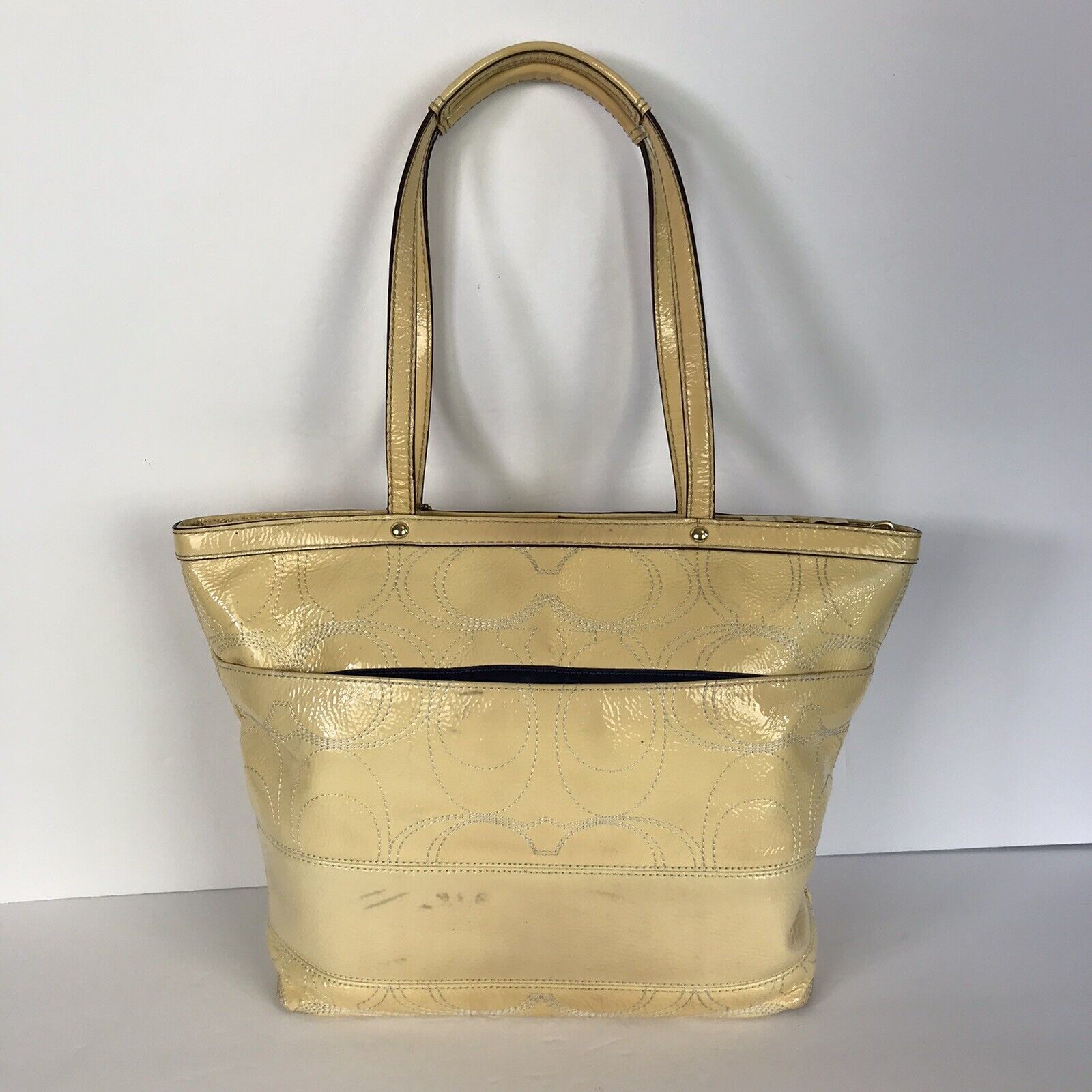 COACH Tote Bag Yellow Patent Brass Hardware Navy Lini… - Gem