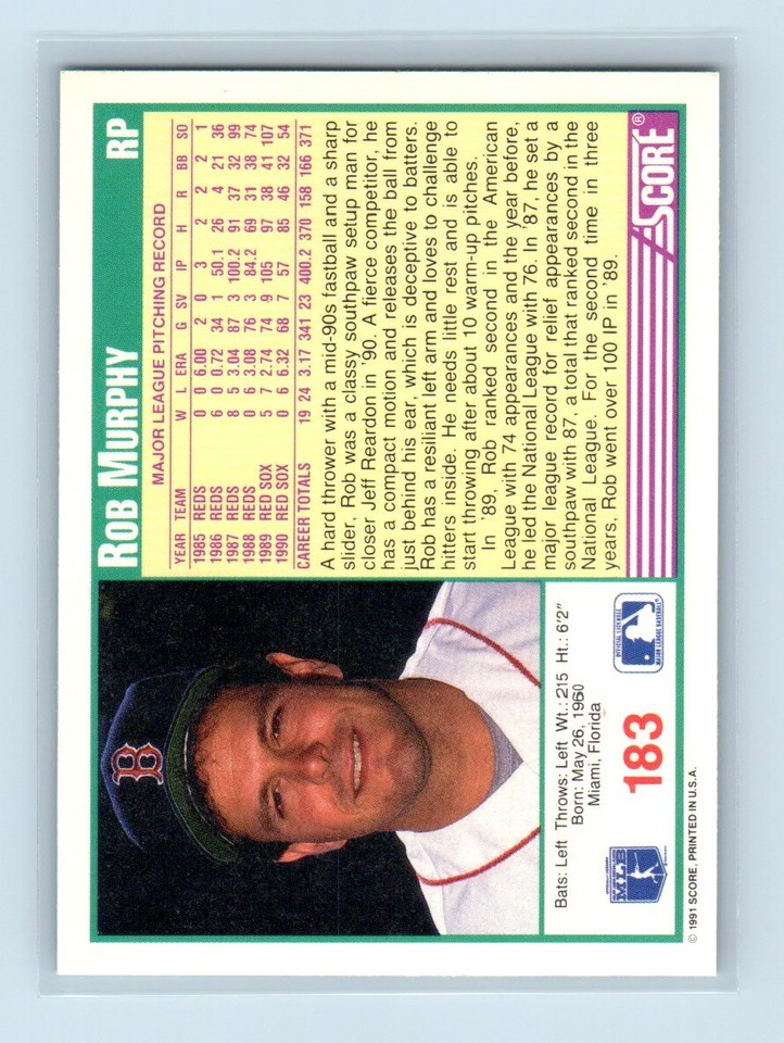 1991 Score Straight from the Pack Rob Murphy Boston Red Sox #183 | eBay