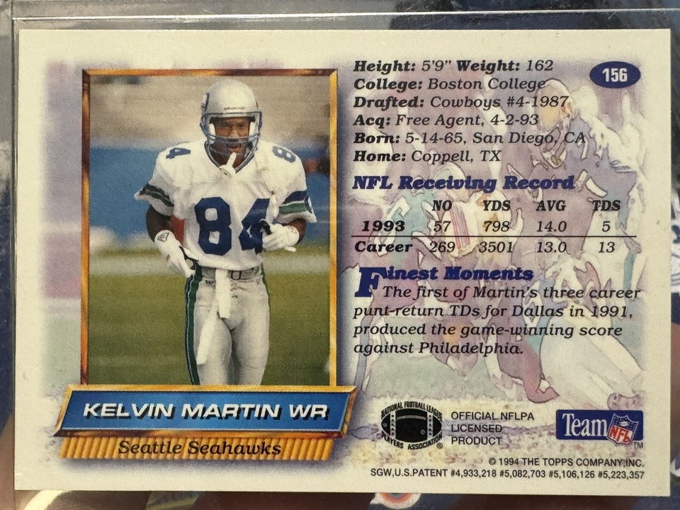 1994 Finest Refractors Kelvin Martin WR Seattle Seahawks NFL Card #156 ...