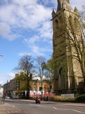 PHOTO RUGBY-CHURCH STREET SAINT ANDREW'S CHURCH TOWER IN THE FOREGROUND ...