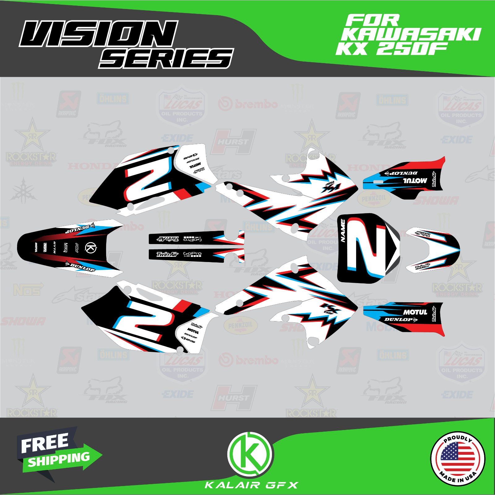 Graphics Kit for Kawasaki KX250F (2004-2005) KX 250F Vizion Series ...