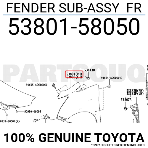 5380158050 Genuine Toyota FENDER SUB-ASSY FR 53801-58050 | eBay