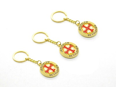 3 Pcs Jerusalem Cross Key Ring Key Chain Rotating Center Gold Color ...