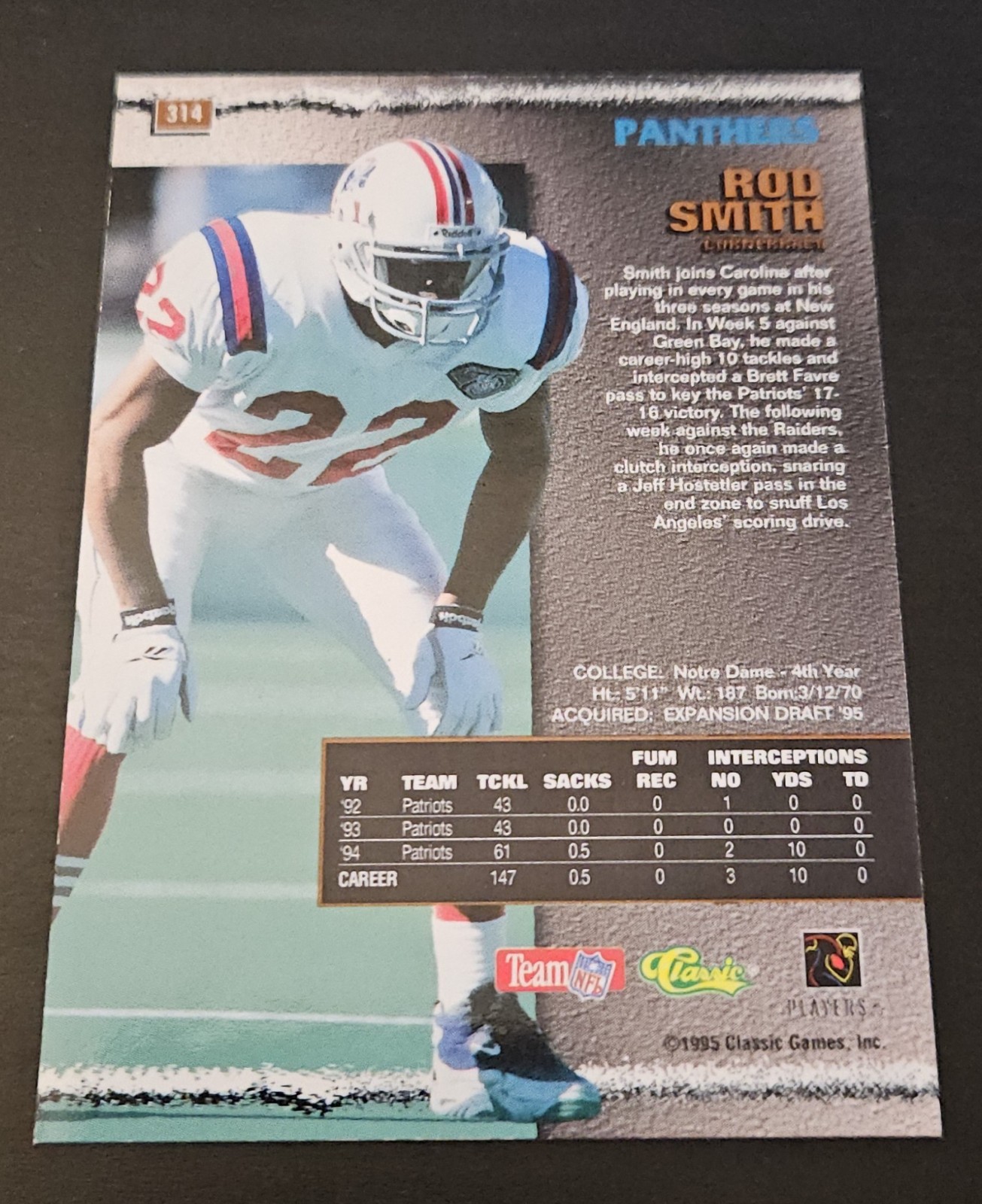 1995 Classic Pro Line - Rod Smith #314 Silver 16th National Sports ...