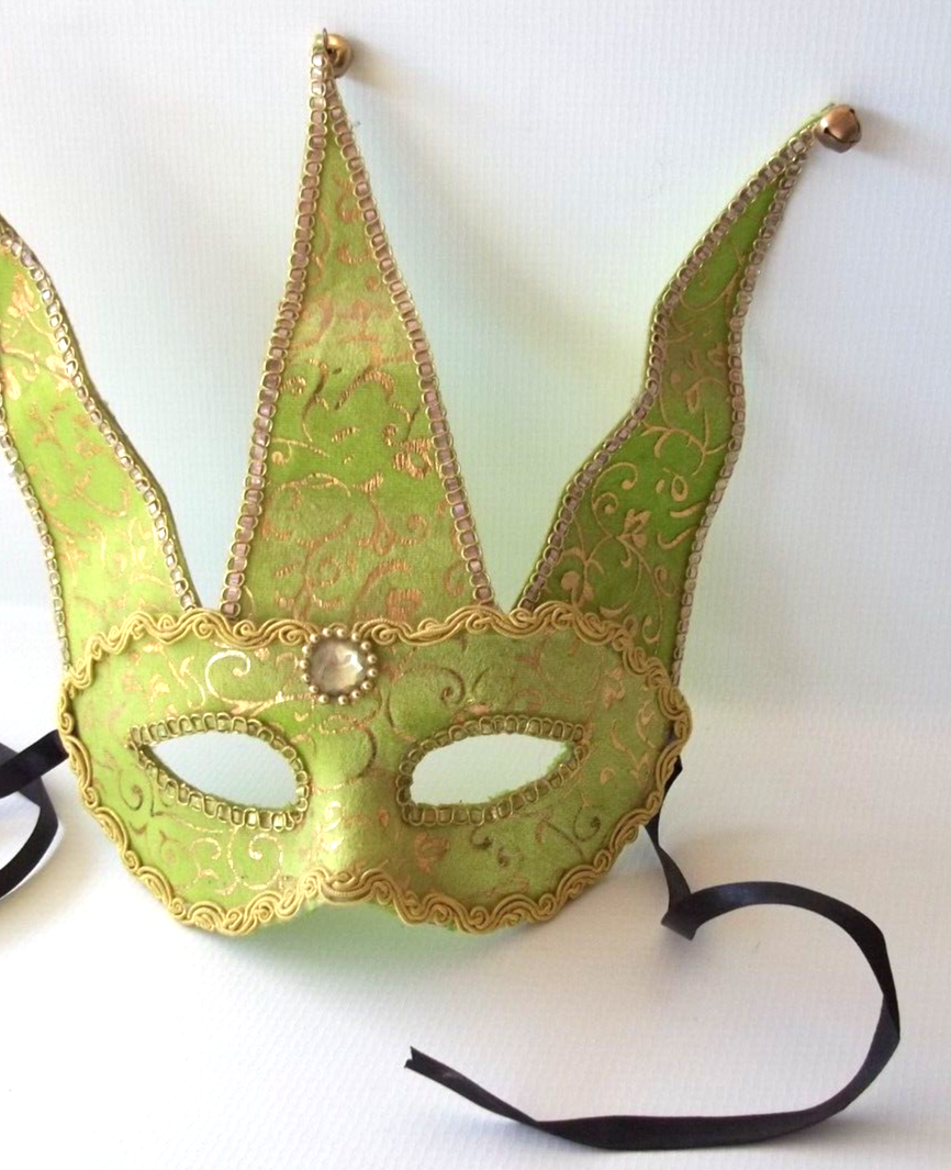 Venetian Half Face "Jester Mask" / lime green gold filigree w/ bells | eBay