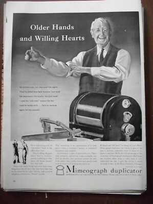 VTG 1942 Orig Magazine Ad Mimeograph Duplicator Older Hands & Willing ...