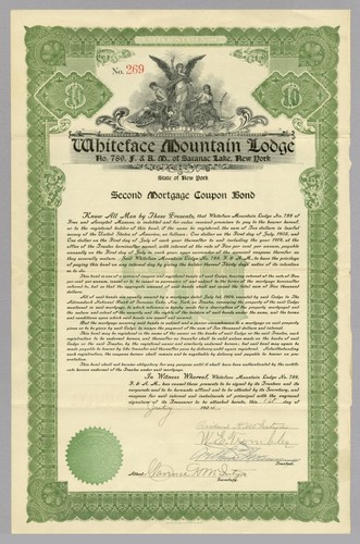 MASONS, Whiteface Mountain Lodge, $10 2nd mortgage bond, New York | eBay