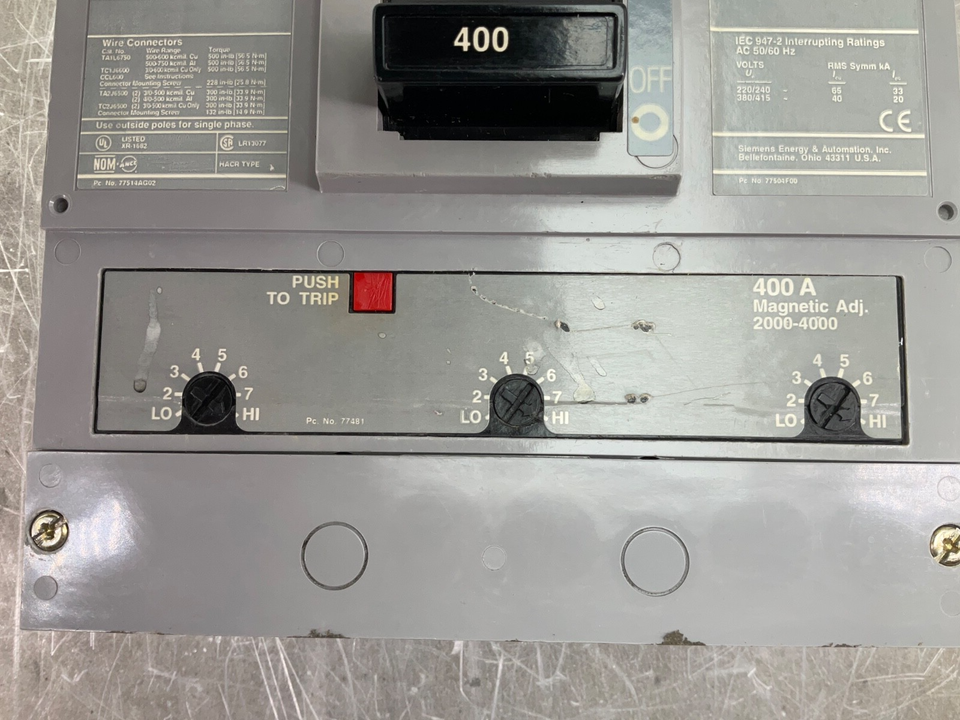SIEMENS JXD63B400 SENTRON CIRCUIT BREAKER 400 A 3P 600V TMA 2000-4000 ...
