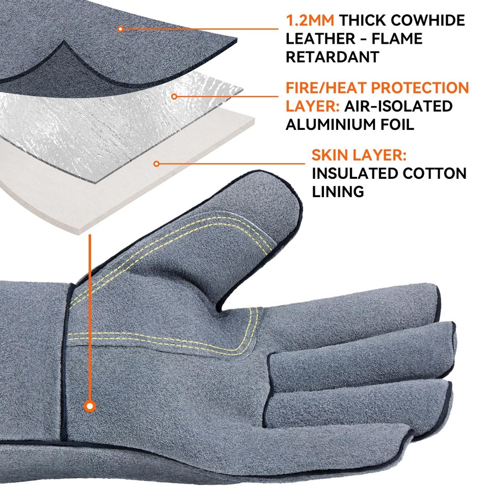 932°F Heat Resistant Forge Welding Gloves 14 inches Cowhide Leather ...