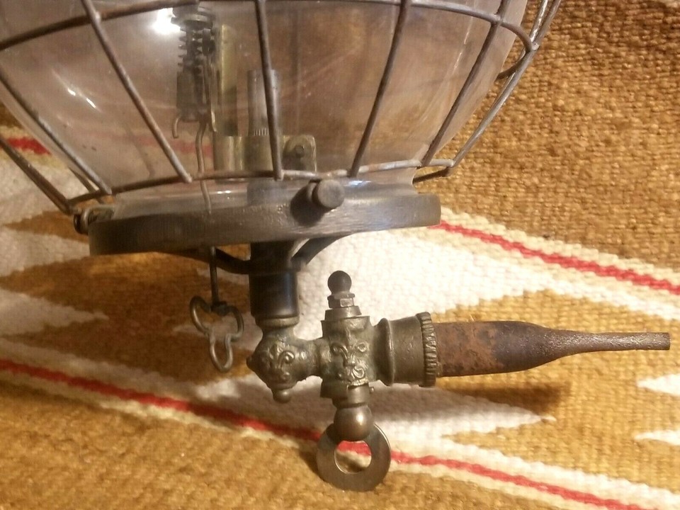 SUPER RARE ANTIQUE J. B. COLT BRASS ACETYLENE GAS LAMP w WIRE GLOBE ...