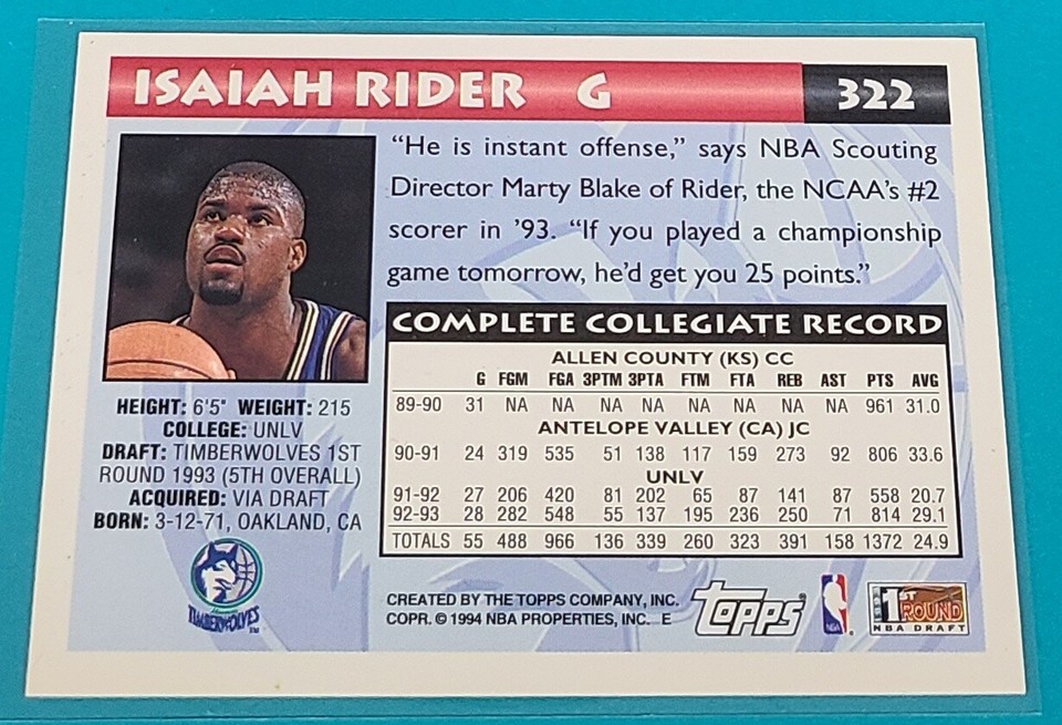 1993 Topps RC #322 Isaiah Rider Minnesota Timberwolves Basketball Card ...