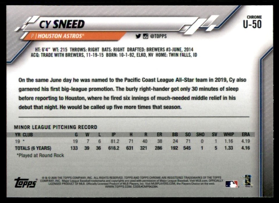 2020 Topps Chrome Update #U-50 Cy Sneed Rookie | eBay