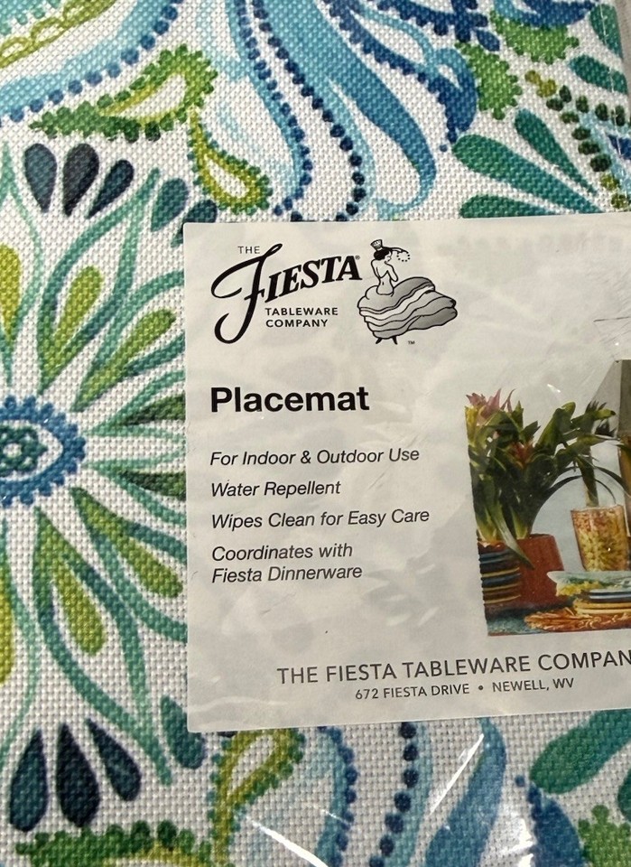4 FIESTA Indoor/outdoor PLACEMAT 4 NEW Dinnerware Green Blue Floral ...