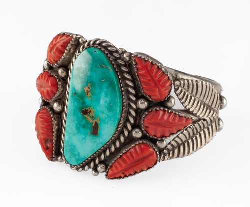 Navajo Turquoise & Sculpté Rouge Corail Large Manchette Bracelet 95gr ...
