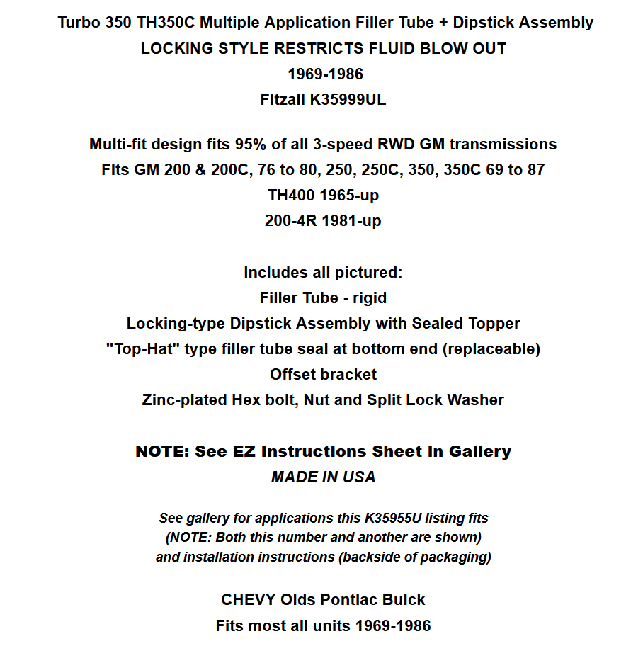 Fitzall Turbo 350 TH350C TH400 Transmission Filler Tube with Dipstick ...