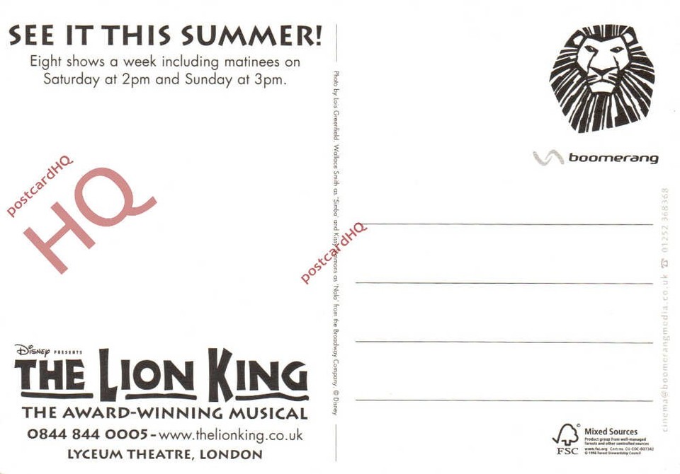 Picture Postcard~ Theatre Poster Postcard, the Lion King [Boomerang] | eBay