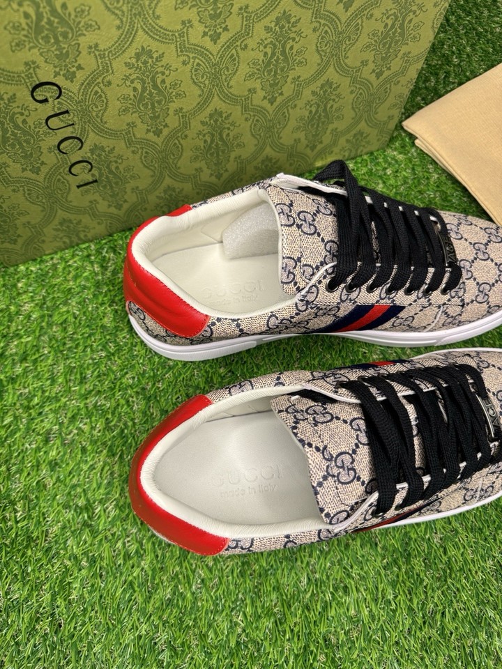 Beige Red Stripe Gucci Ace GG Supreme Logo Canvas Men's Sneakers ...