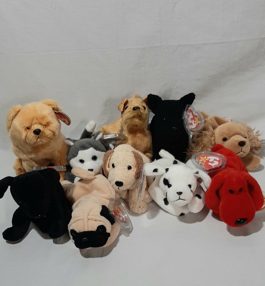 Rare, Vintage, Lot of 10, Ty Beanie Babie Dogs, Luke, Pugsly, Sparky ...