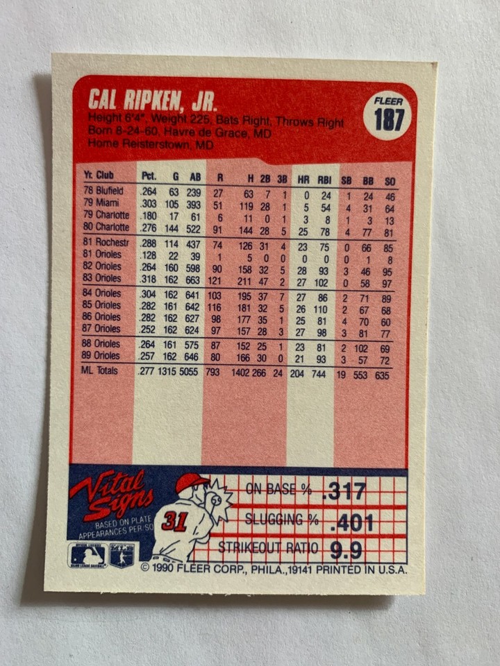 1990 Fleer CAL RIPKEN, JR. Card #187 MINT - HOF, Orioles | eBay