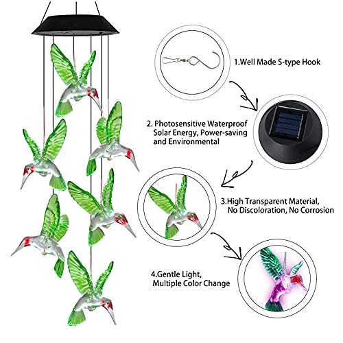 Solar Powered Hummingbird Wind Chimes Color Changing Waterproof Patio ...