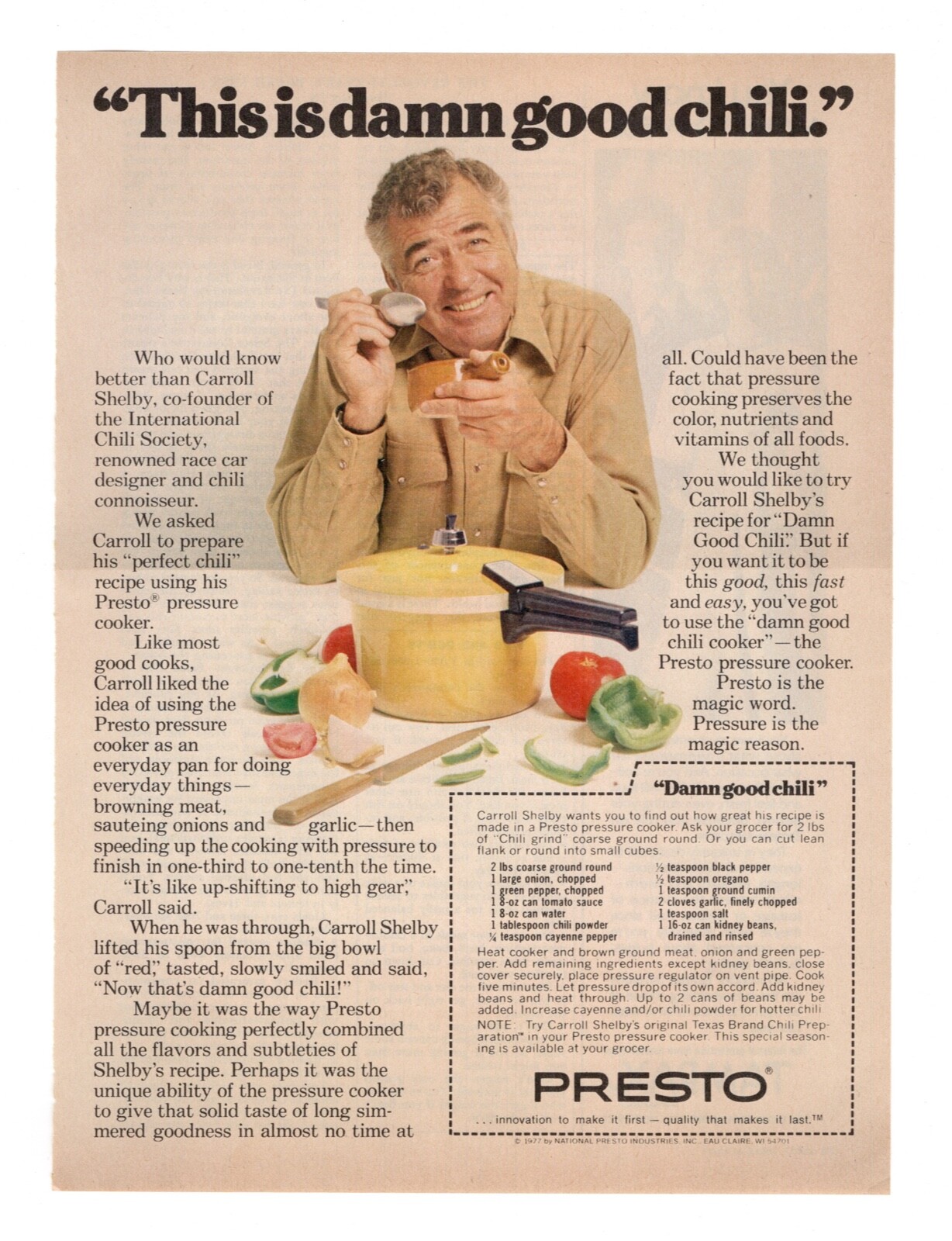 Vintage 1970s mag print ad PRESTO PRESSURE COOKER Carroll Shelby Damn ...