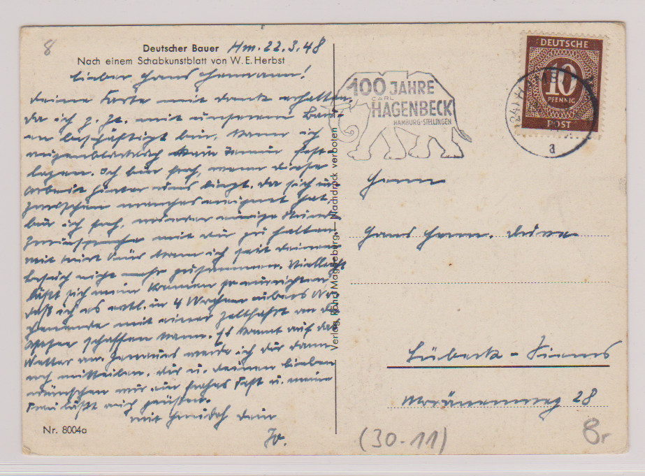 All. Bes./Joint Edition Mi. 918 EF Hamburg 23.3.46, 100 Years Hagenbeck ...