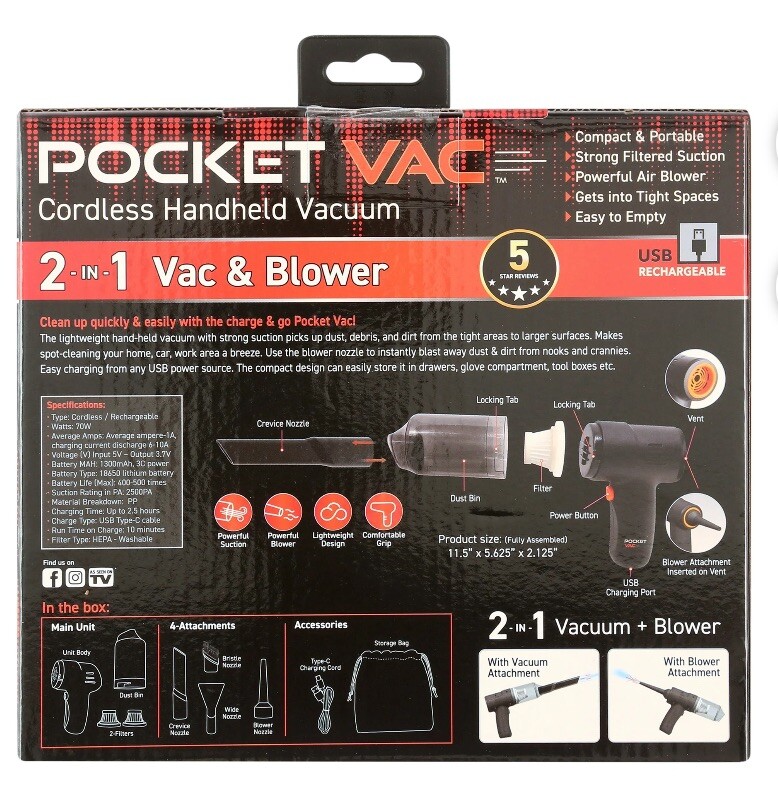 NEW Pocket Vac Rechargeable Handheld Vacuum w/Accessories Portable As ...