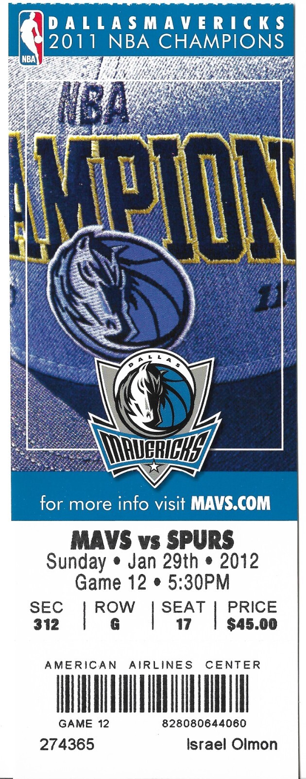 DALLAS MAVERICKS vs. Spurs 1/29/2012 TICKET Dirk Nowitski Double Double ...