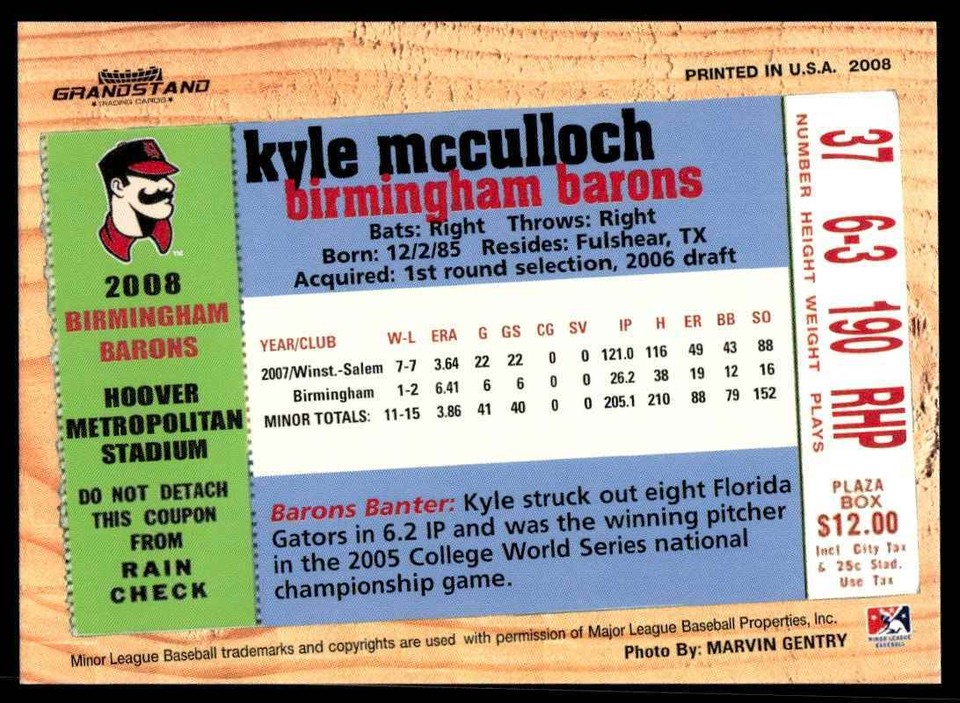 2008 Grandstand Birmingham Barons Kyle McCulloch Birmingham Barons #NNO ...