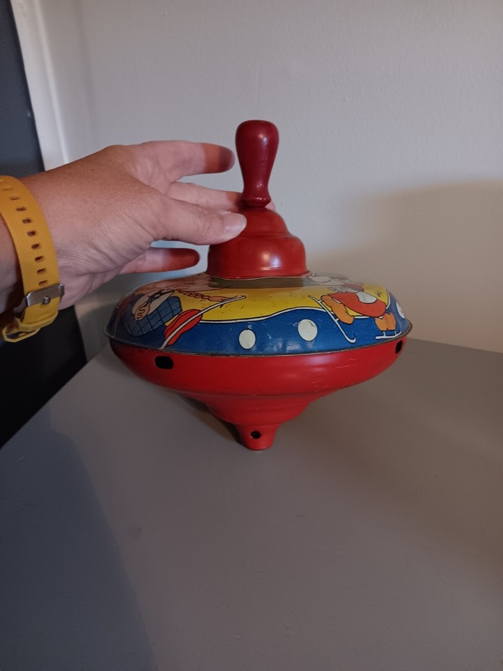 Antique 1950’s Spinning Top Metal Tin Lithograph Print with Wood Handle ...
