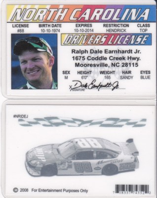 North Carolina Nascar Legend Dale Earnhardt Junior Drivers License FAKE ...