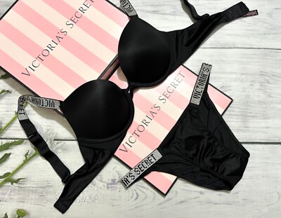 Victoria's Secret Shine Strap Rhinestone Push-Up Bra Bikini Set Black ...
