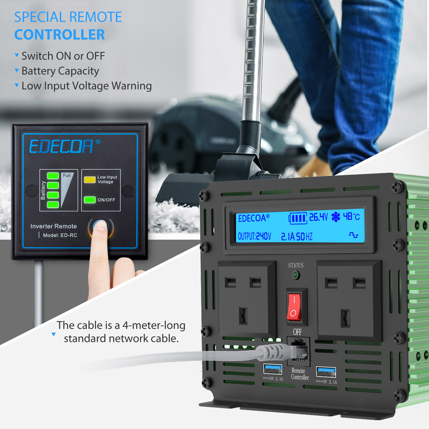 EDECOA Power Inverter 2000W 4000W DC 24V to AC 240V Converter HGV Lorry ...