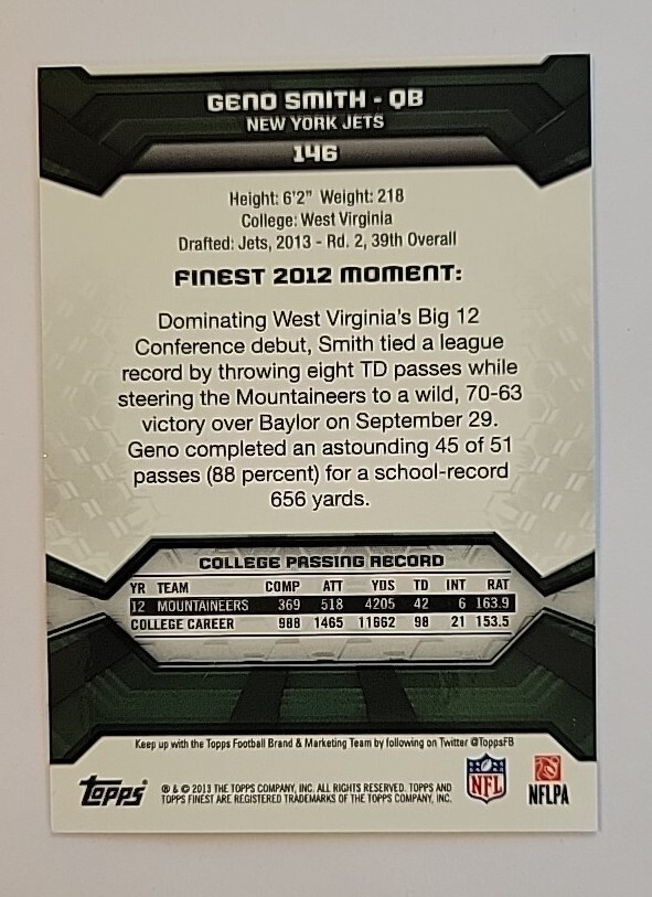 2013 Topps Finest Geno Smith Base Rookie Rc #146 | eBay