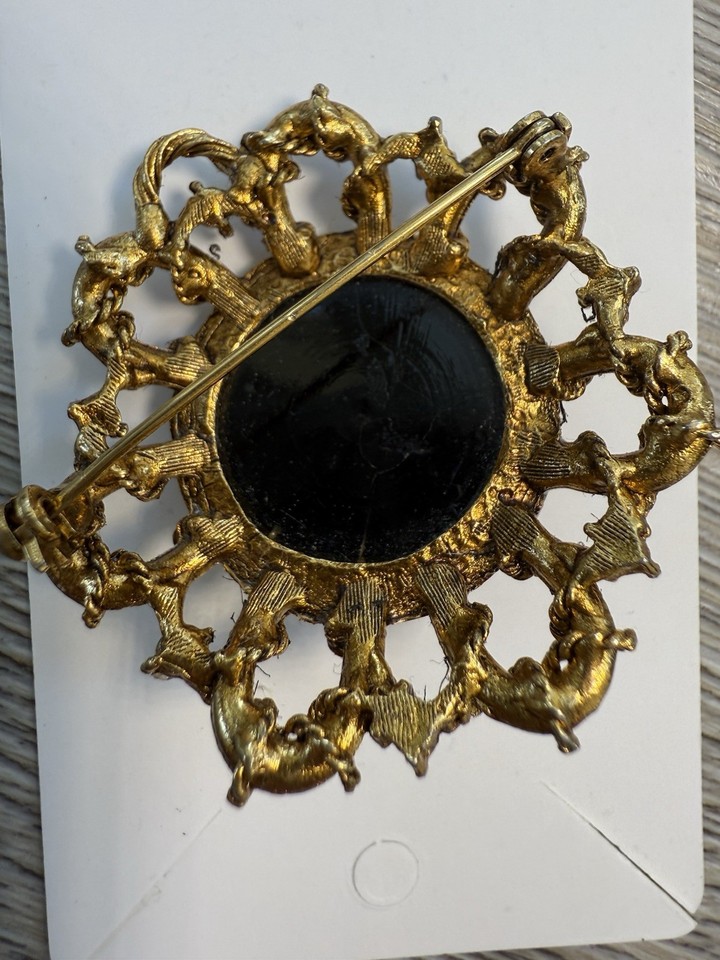 Vintage Unmarked Sphinx Mourning Brooch Faux Pearl Carved Jet Black ...