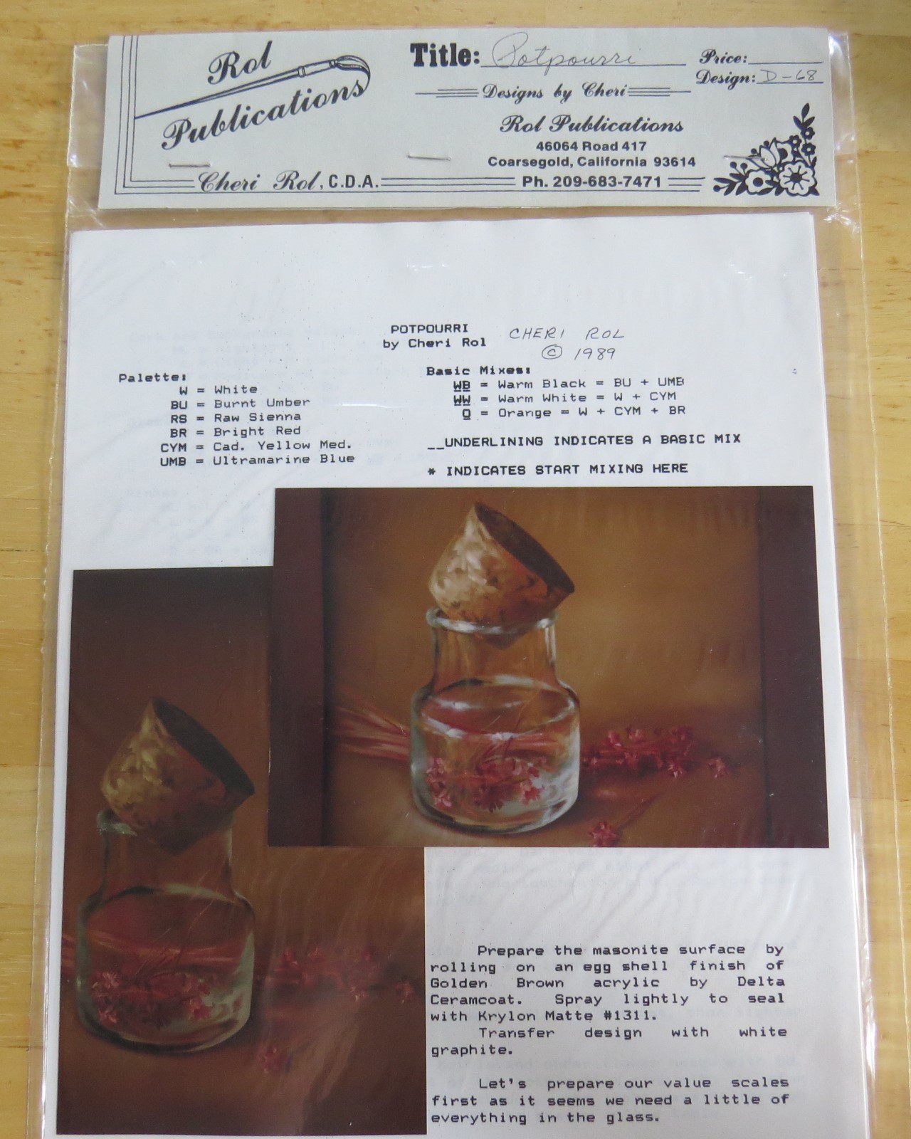 CHERI ROL 1989 POTPOURRI GLASS OIL STILL LIFE PAINTING PATTERN PACK D ...