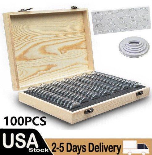 100 pcs Coin Capsules Storage Box with Wooden Case Holders Collection ...