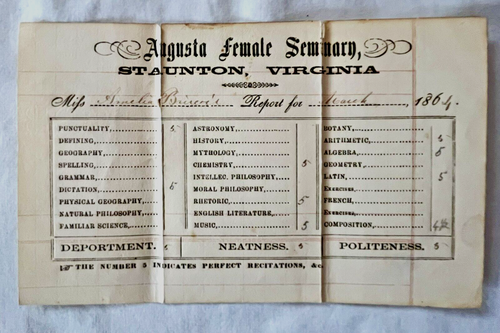 1864 Augusta Female Seminary, Staunton VA Amelia Briscoe Report Civil ...