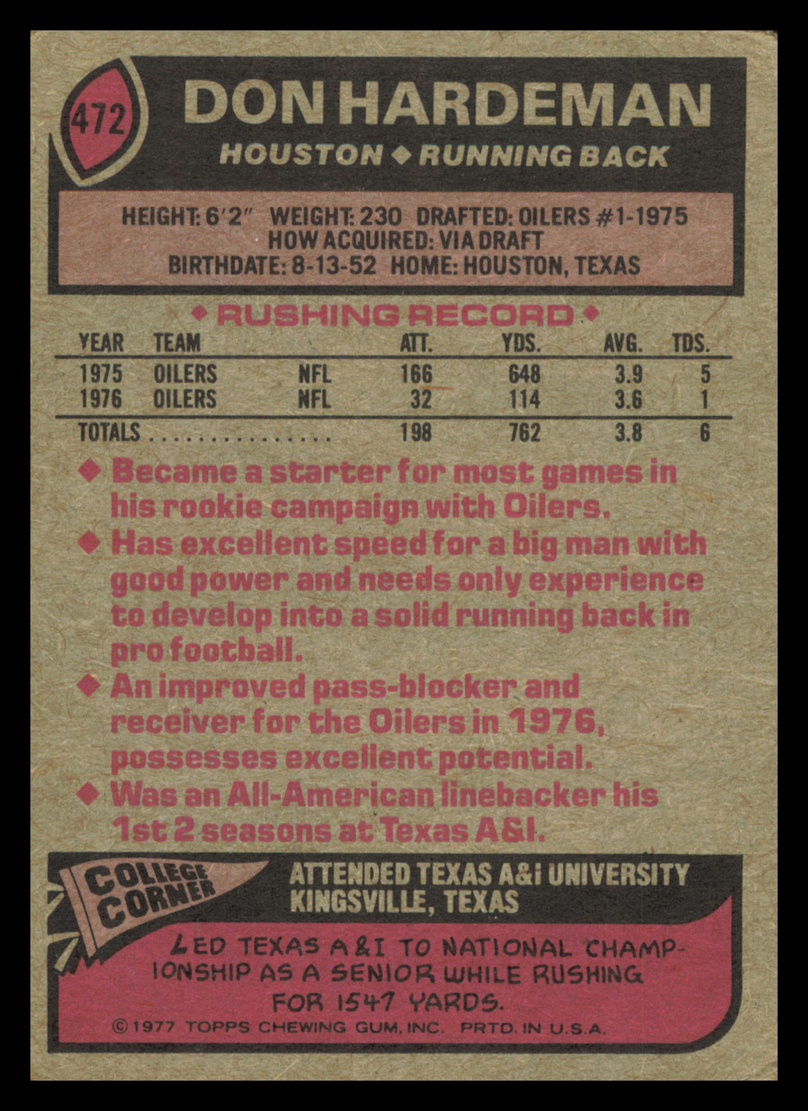 1977 Topps Football #472 Don Hardeman Houston Oilers | eBay