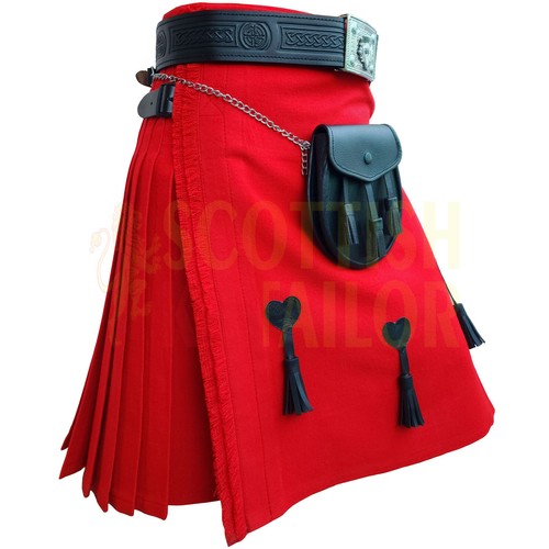 Handmade Solid Red Tartan Kilt With Three Leather Tassel Sporran Belt ...