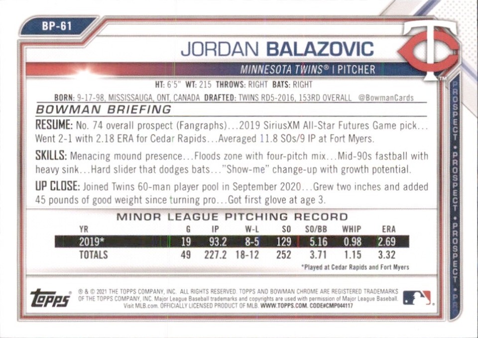 2021 BOWMAN - PROSPECTS JORDAN BALAZOVIC MINNESOTA TWINS #BP-61 | eBay
