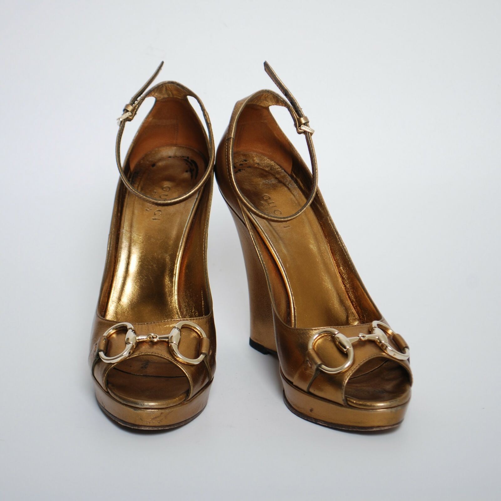 Gucci High Wedge Heels Shoes Gold Leather Platform Pu… - Gem