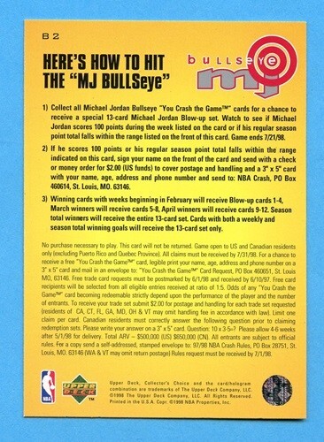 1998 UPPER DECK COLL. CH. MJ BULLSEYE # B2 MICHAEL JORDAN CHICAGO BULLS ...