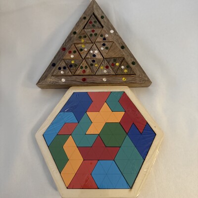 2 Wooden Brain Teaser Puzzles: Bermuda Triangle & Hexagon | eBay